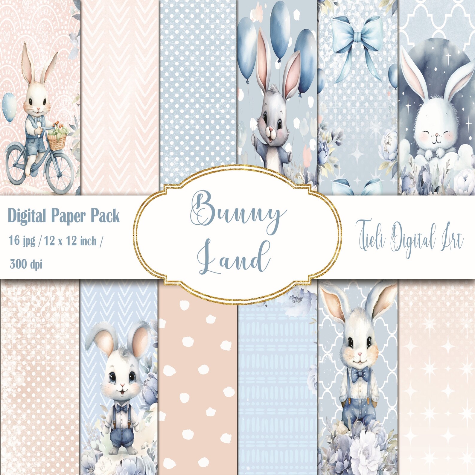 Baby Boy Digital Paper Pack Bunny Land Beige and Blue Printable ...