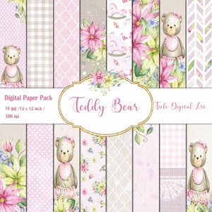 Teddy Bear Digital Paper Set Baby Girl Digital Paper Pack Nursery ...