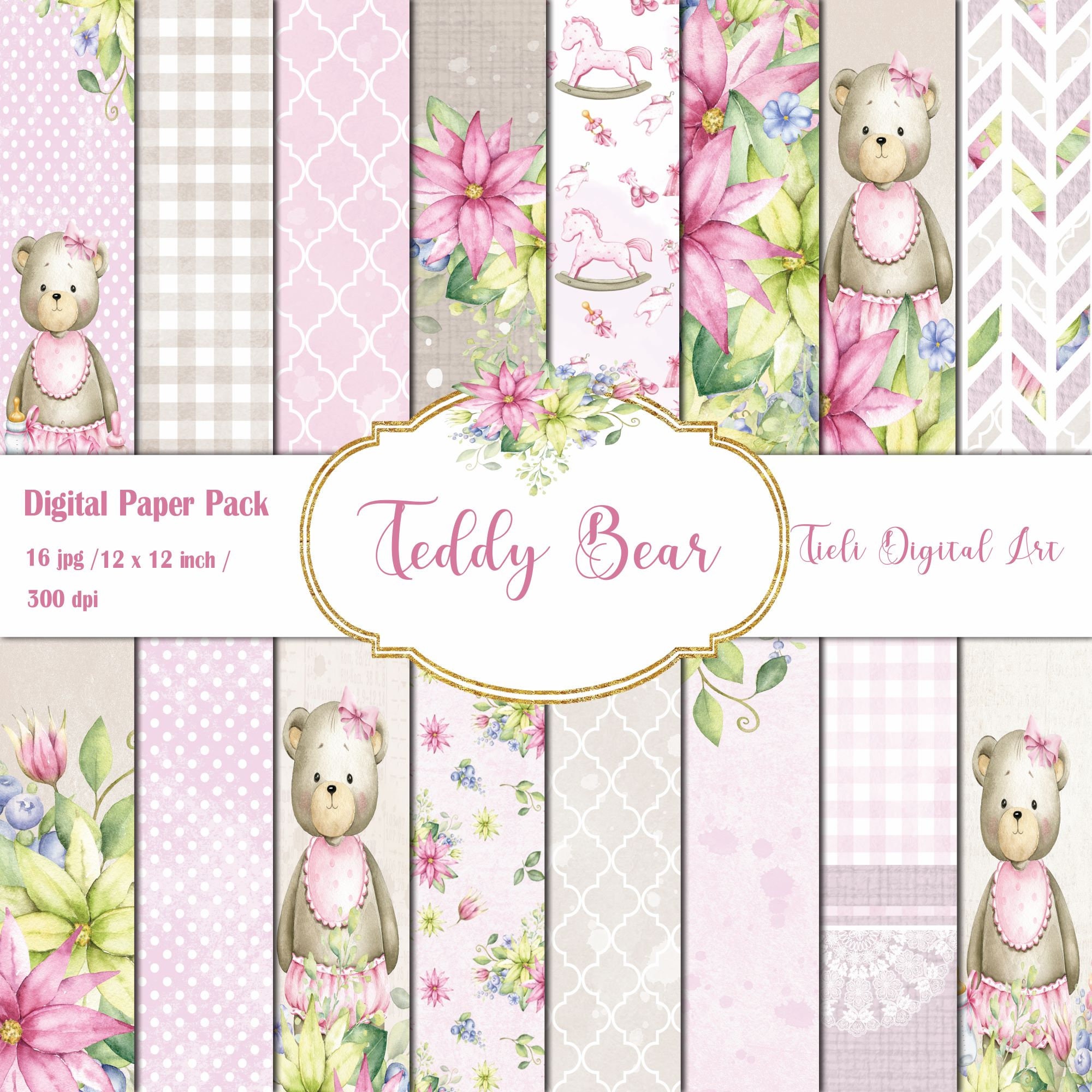 Teddy Bear Digital Paper Set Baby Girl Digital Paper Pack Nursery ...