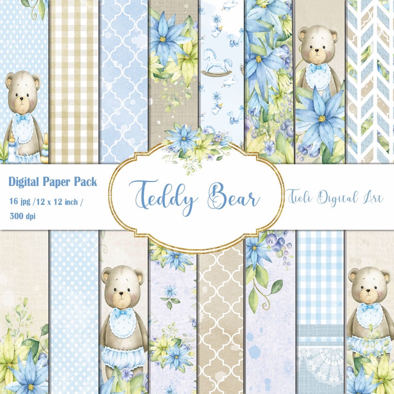 Teddy Bear Digital Paper Set Baby Boy Digital Paper Pack Nursery ...