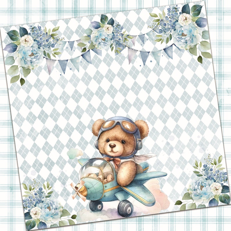 Teddy Bear Digital Paper Set Hot Air Balloons Airplanes Baby Boy ...