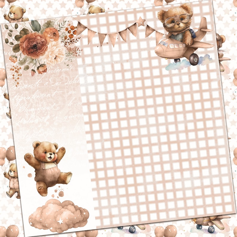 Teddy Bear Digital Paper Set Hot Air Balloons Airplanes Baby - Etsy