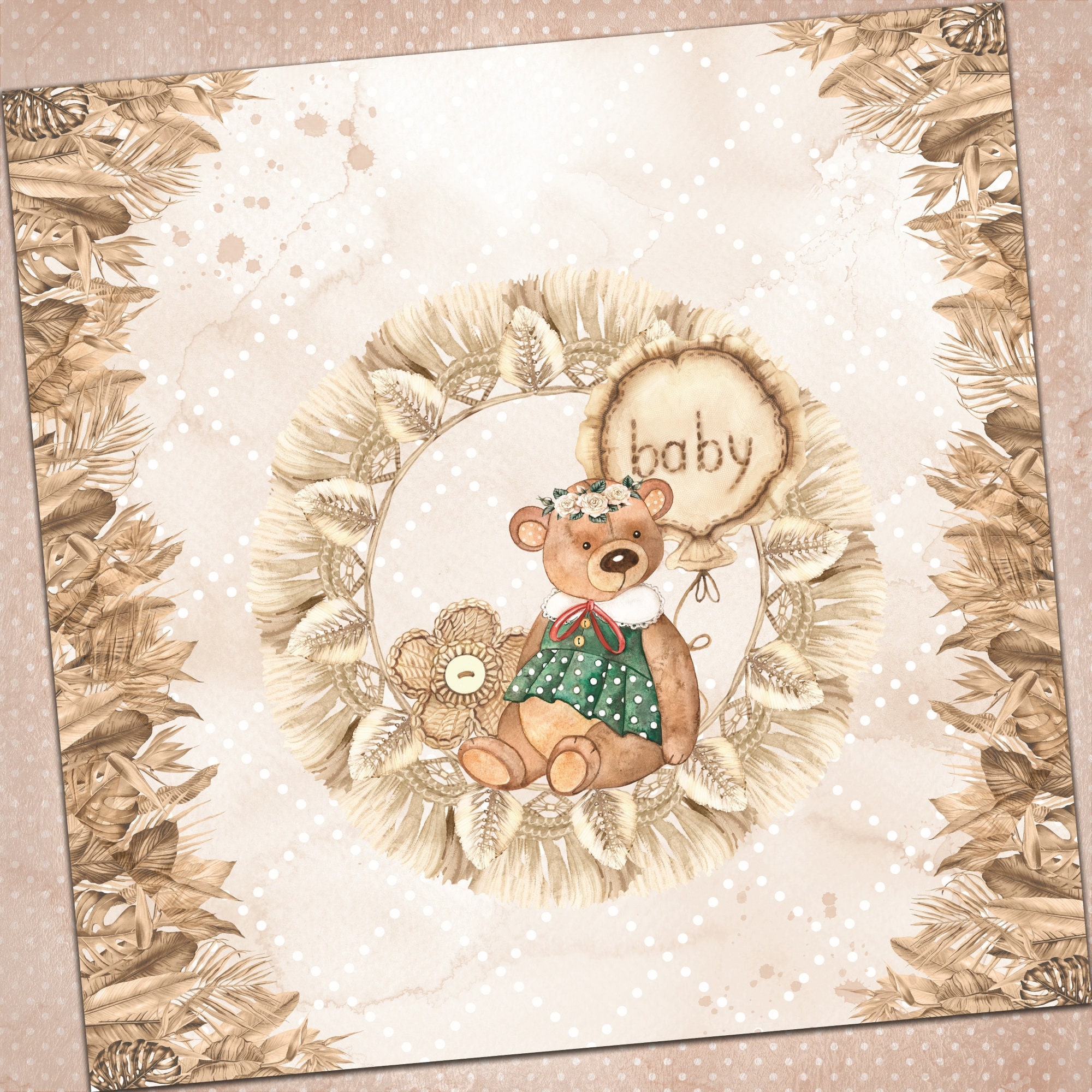 Teddy Bear Digital Paper Set Macrame Boho Nursery Background Boho Baby ...
