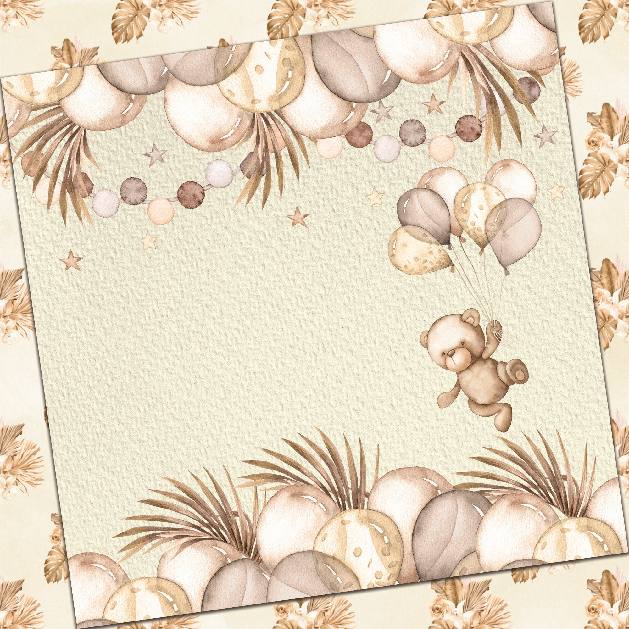 Teddy Bear Boho Digital Paper Set Cute Stationary Boho Background Baby ...