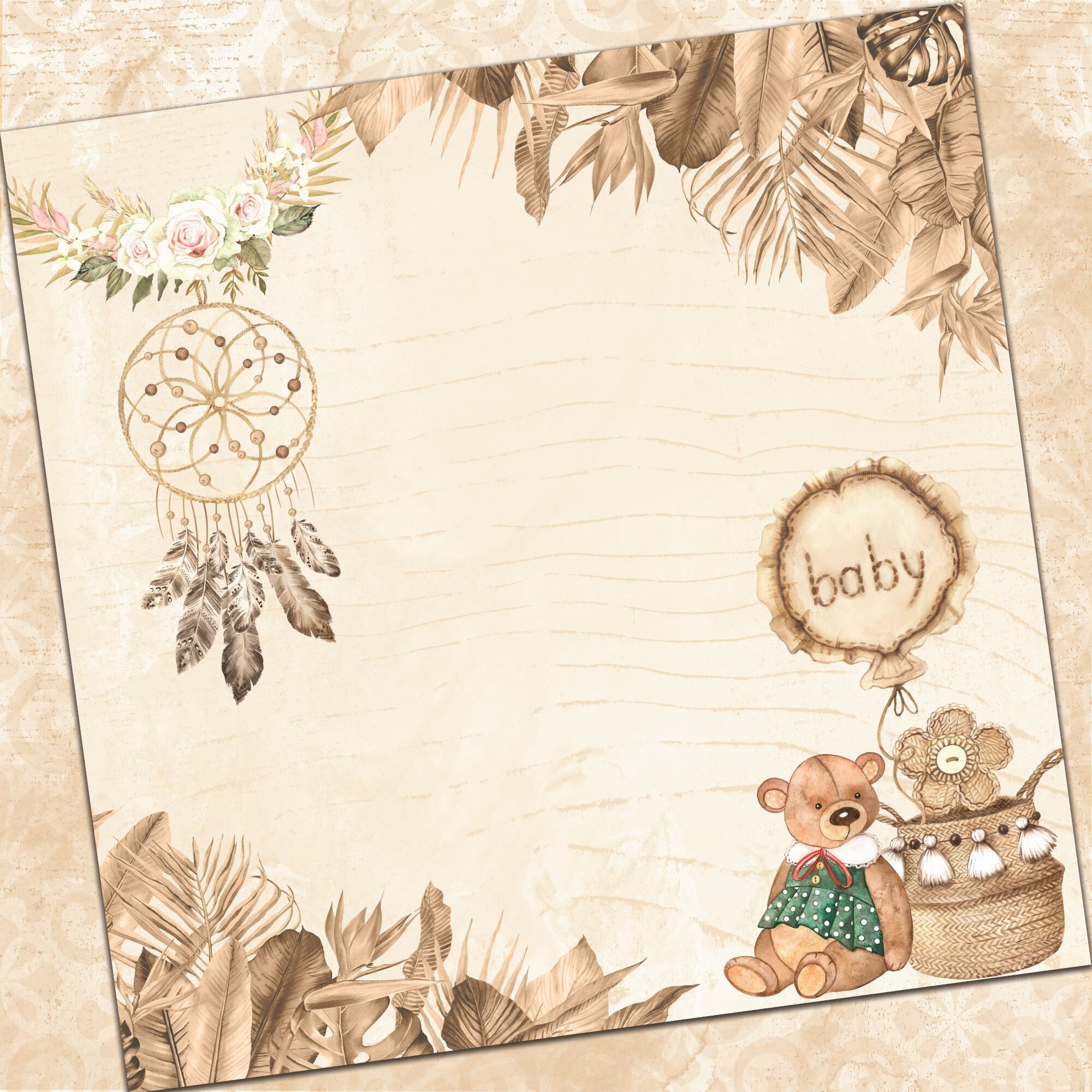 Teddy Bear Digital Paper Set Macrame Boho Nursery Background Boho Baby ...