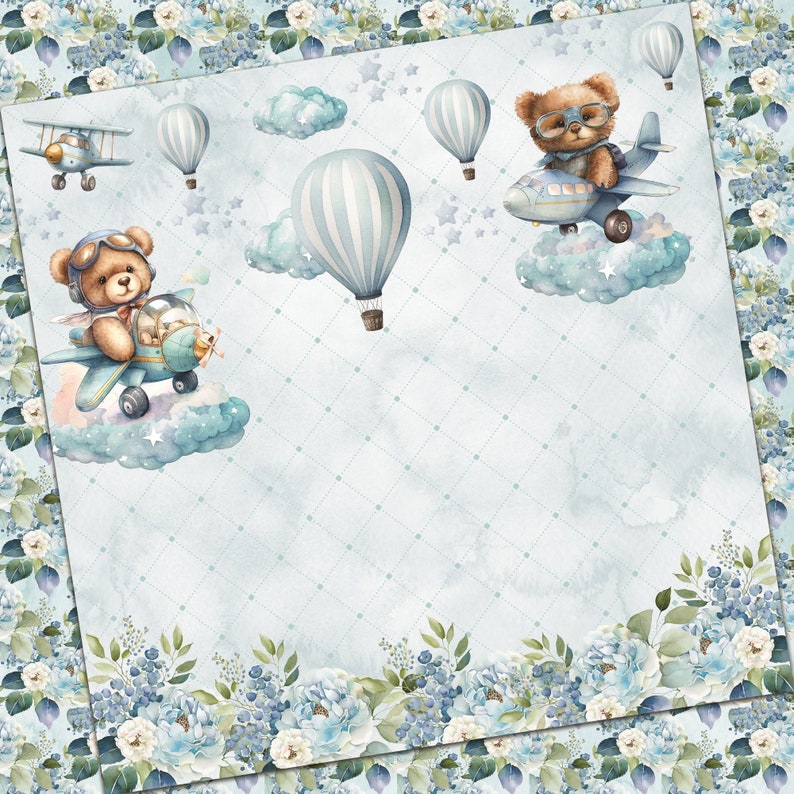 Teddy Bear Digital Paper Set Hot Air Balloons Airplanes Baby Boy ...