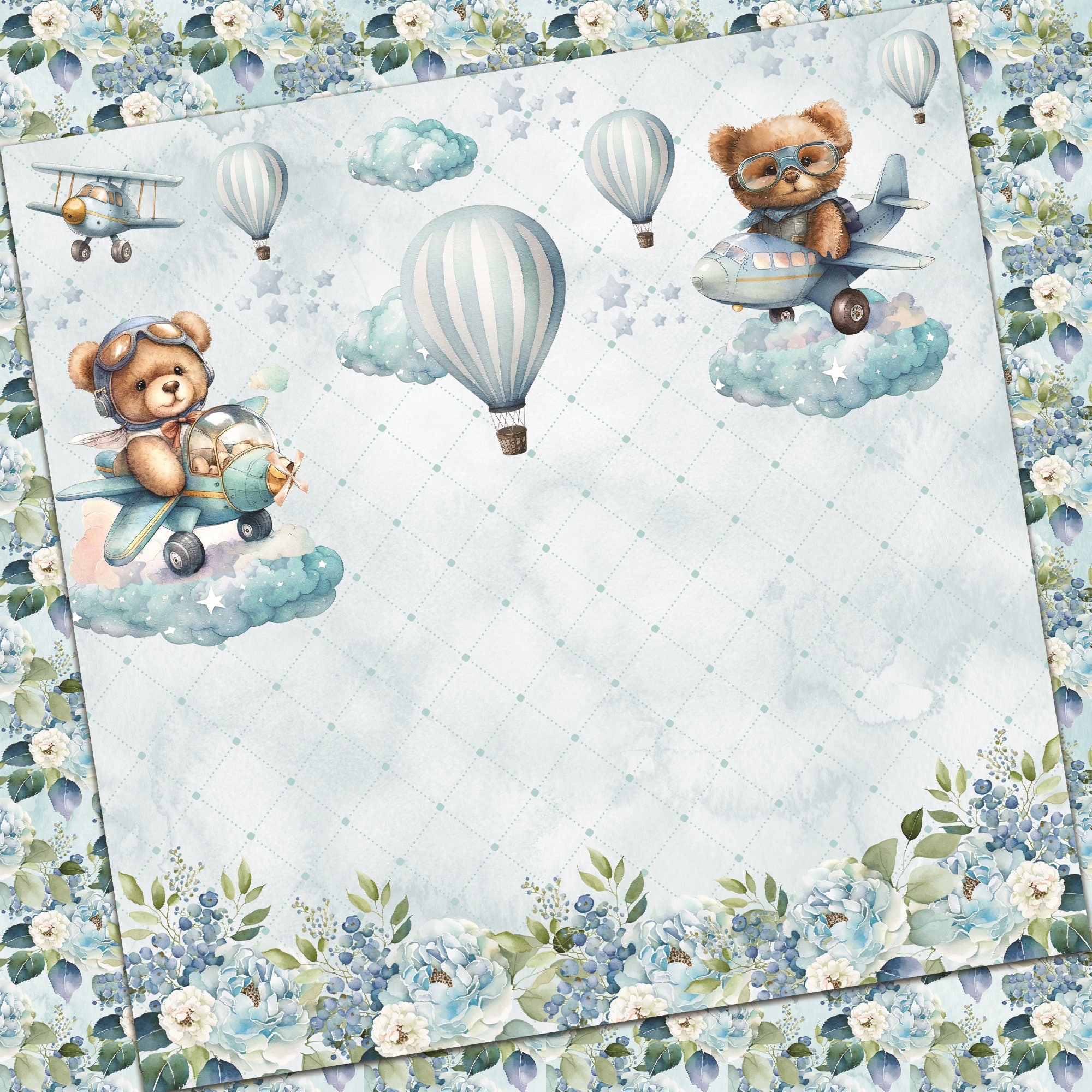 Teddy Bear Digital Paper Set Hot Air Balloons Airplanes Baby - Etsy
