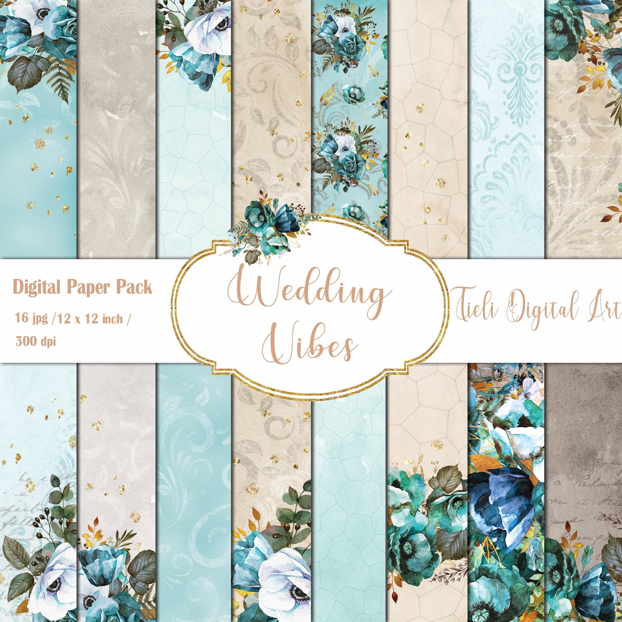 Turquoise and Gold Digital Paper Set Wedding Vibes Digital Paper Set ...