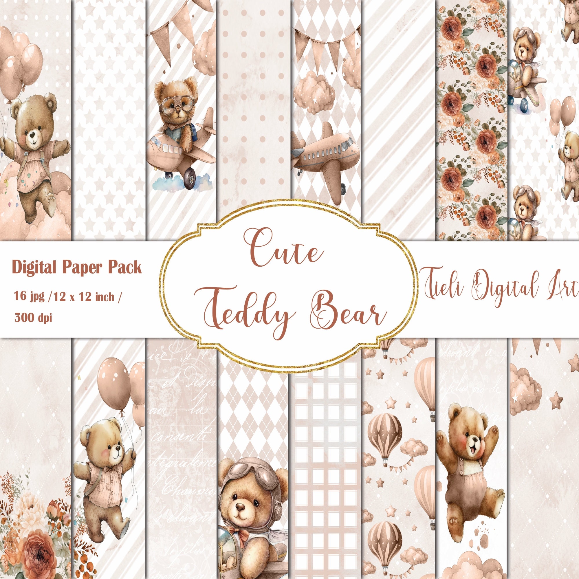 Teddy Bear Digital Paper Set Hot Air Balloons Airplanes Baby Boy ...