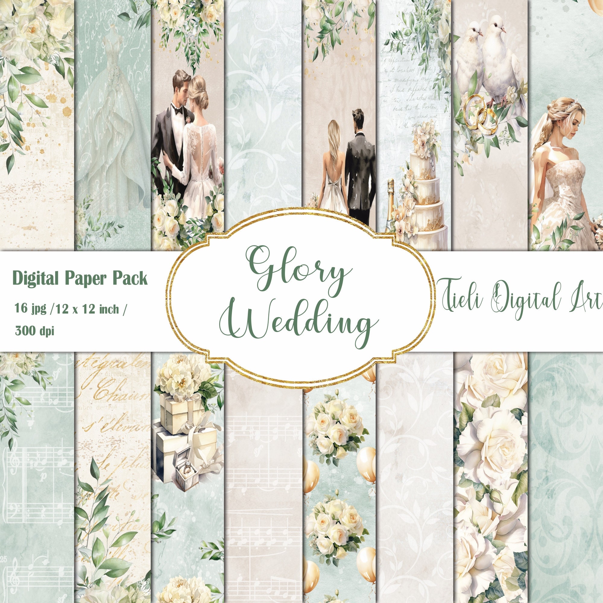 Beige and Green Digital Paper Set Wedding Paper Pack Craft Paper ...