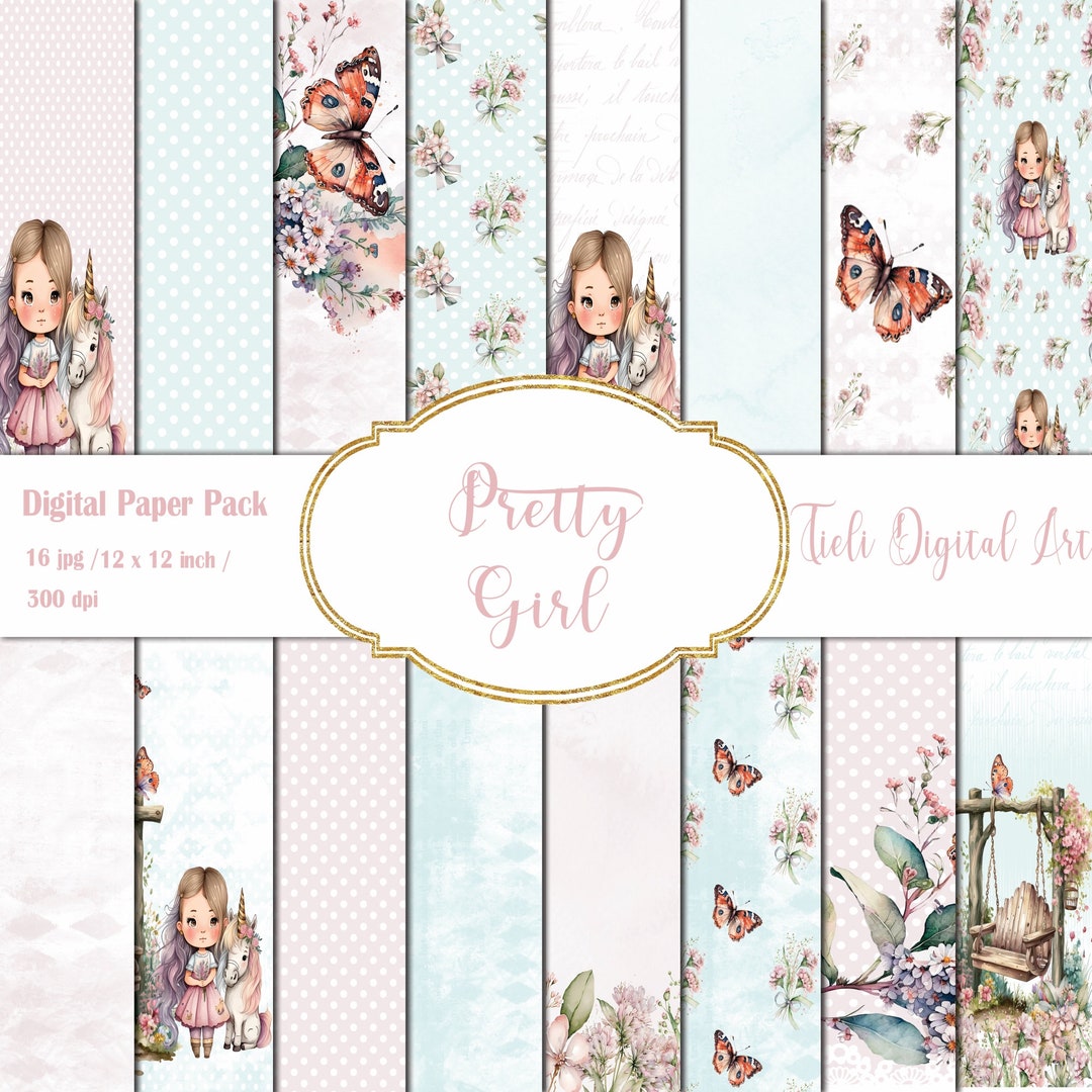 Pretty Girl Digital Paper Set Girl With Unicorn and Swing Scrapbook ...