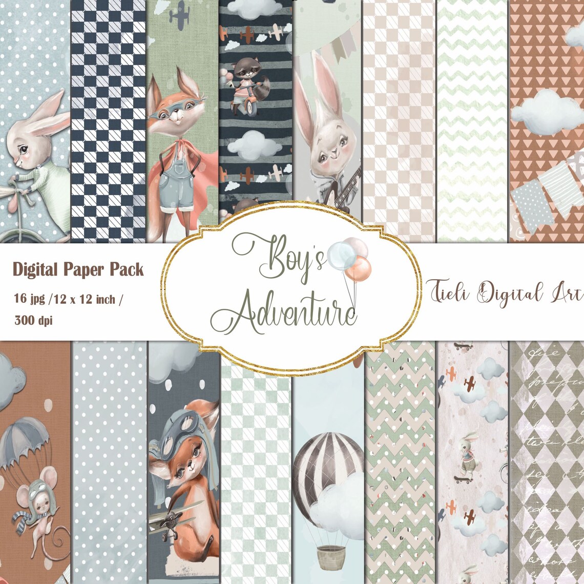 Boys Adventure Digital Paper Set Nursery Pattern Baby Scrapbook Digital ...