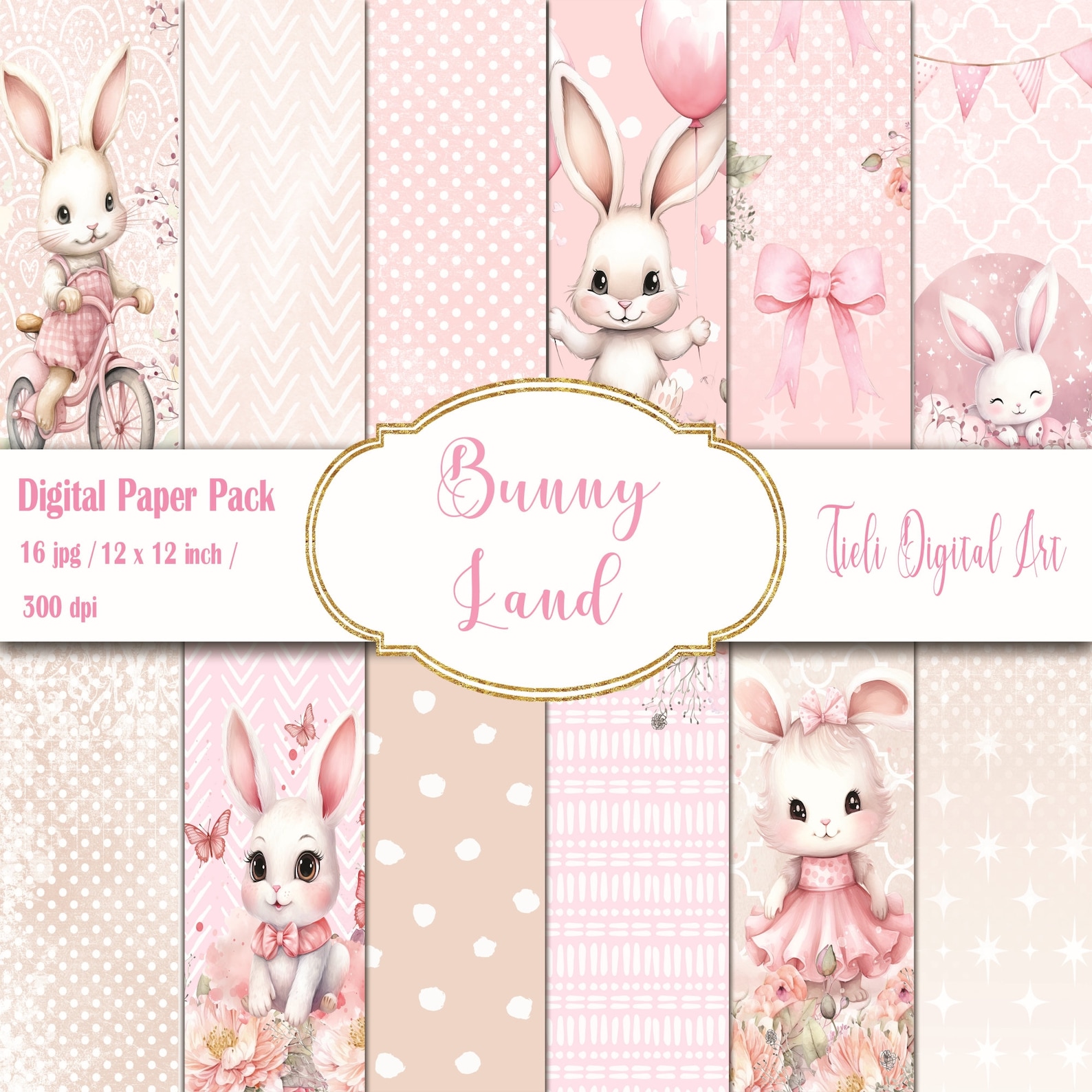 Baby Girl Digital Paper Pack Bunny Land Beige and Pink Printable ...