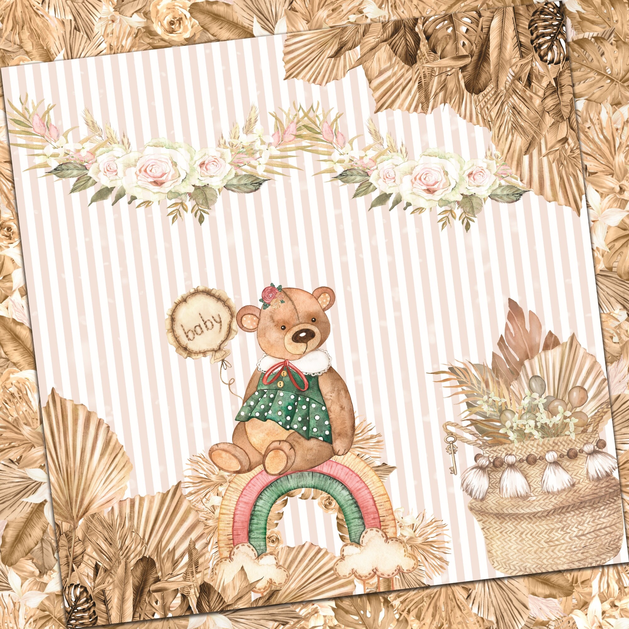 Teddy Bear Digital Paper Set Macrame Boho Nursery Background Boho Baby ...