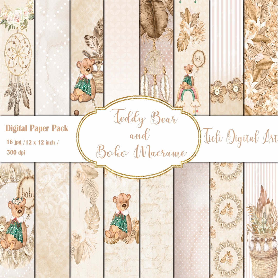 Teddy Bear Digital Paper Set Macrame Boho Nursery Background Boho Baby ...