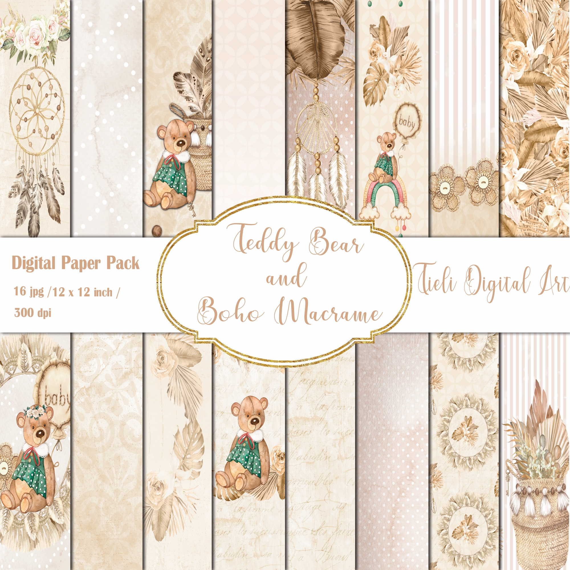 Teddy Bear Digital Paper Set Macrame Boho Nursery Background Boho Baby ...