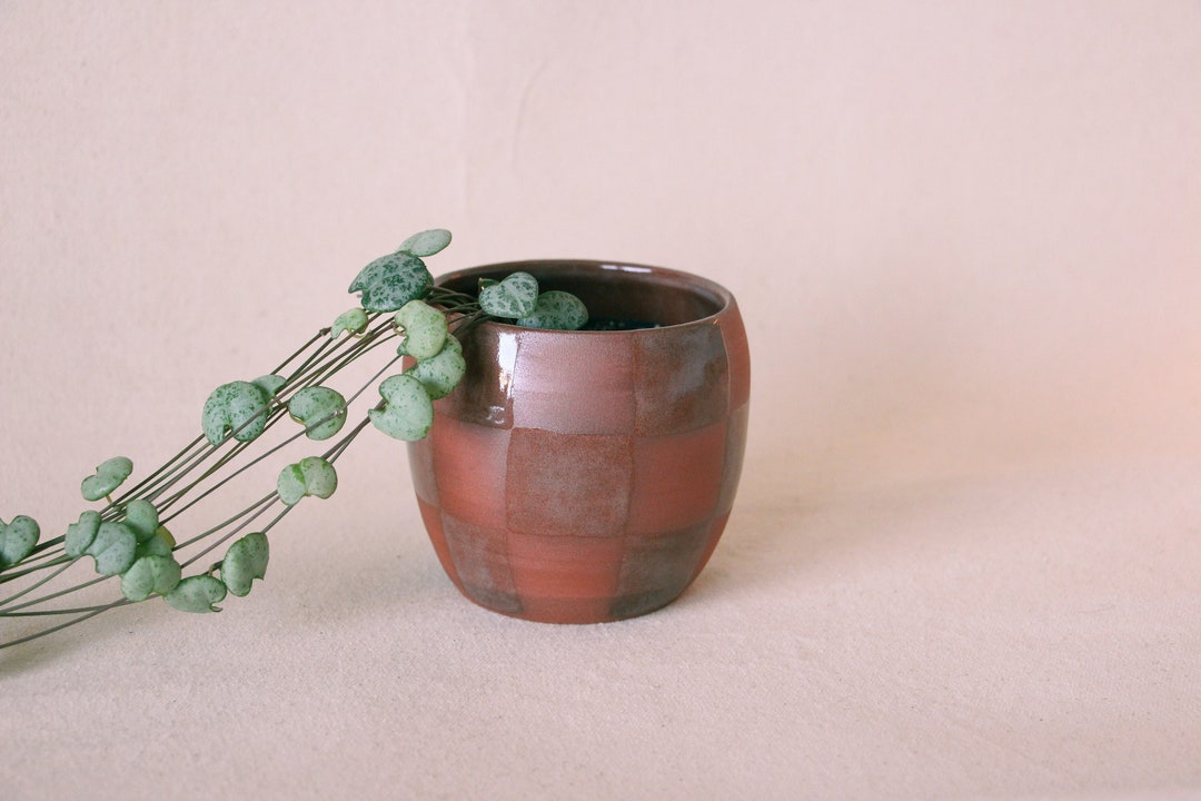 Neutral Checkerboard Pattern Handmade Ceramic Plant Pot - Small Sized ...