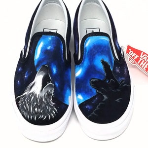 Custom Hand Drawn Wolf Shoes: Classic Vans Slip-on With Wolf Howling at ...