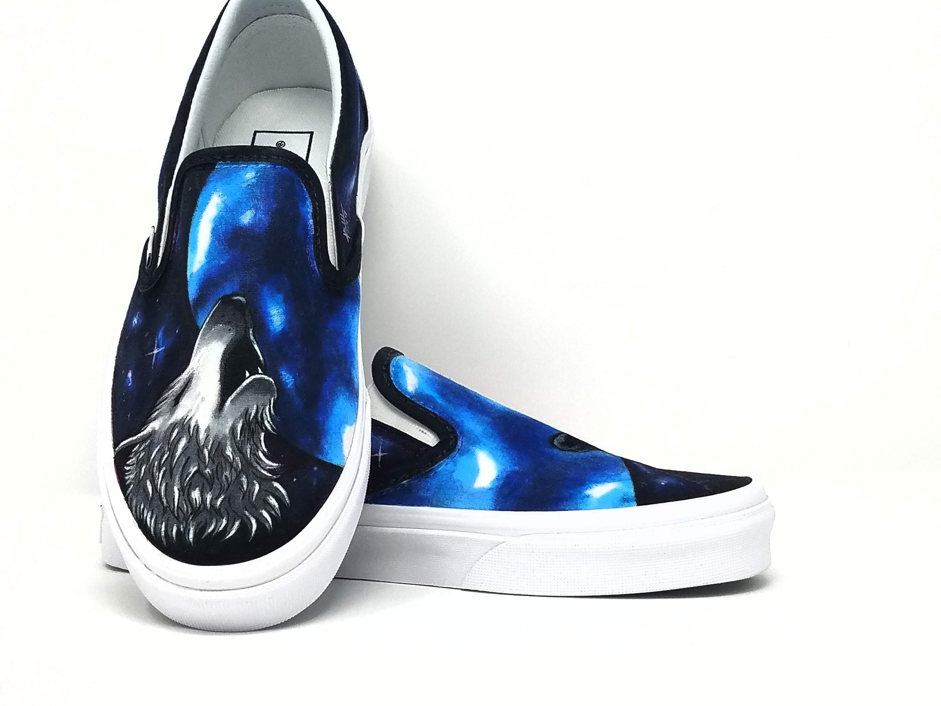 Custom Hand Drawn Wolf Shoes: Classic Vans Slip-on With Wolf Howling at ...