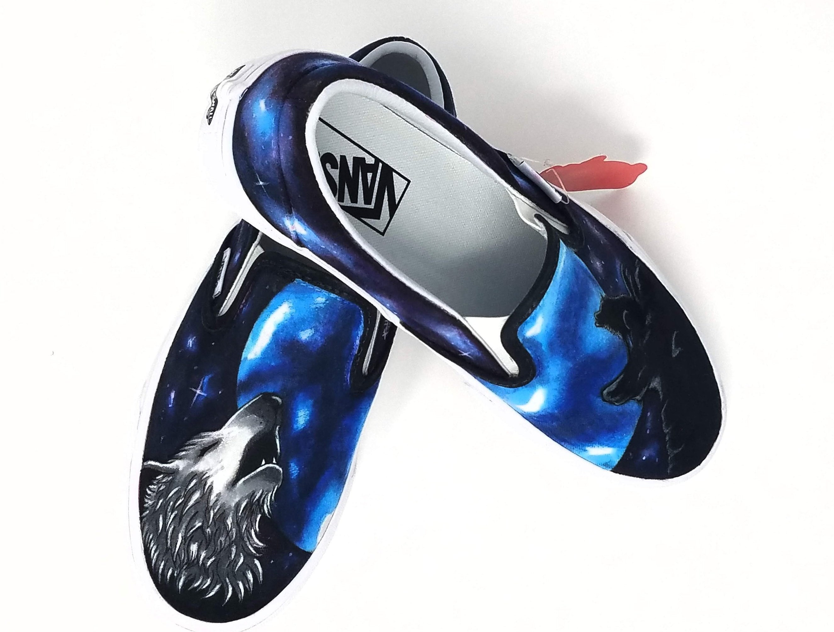 Custom Hand Drawn Wolf Shoes: Classic Vans Slip-on With Wolf Howling at ...