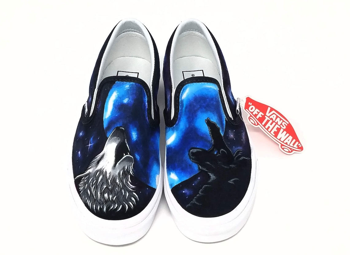 Custom Hand Drawn Wolf Shoes: Classic Vans Slip-on With Wolf Howling at ...