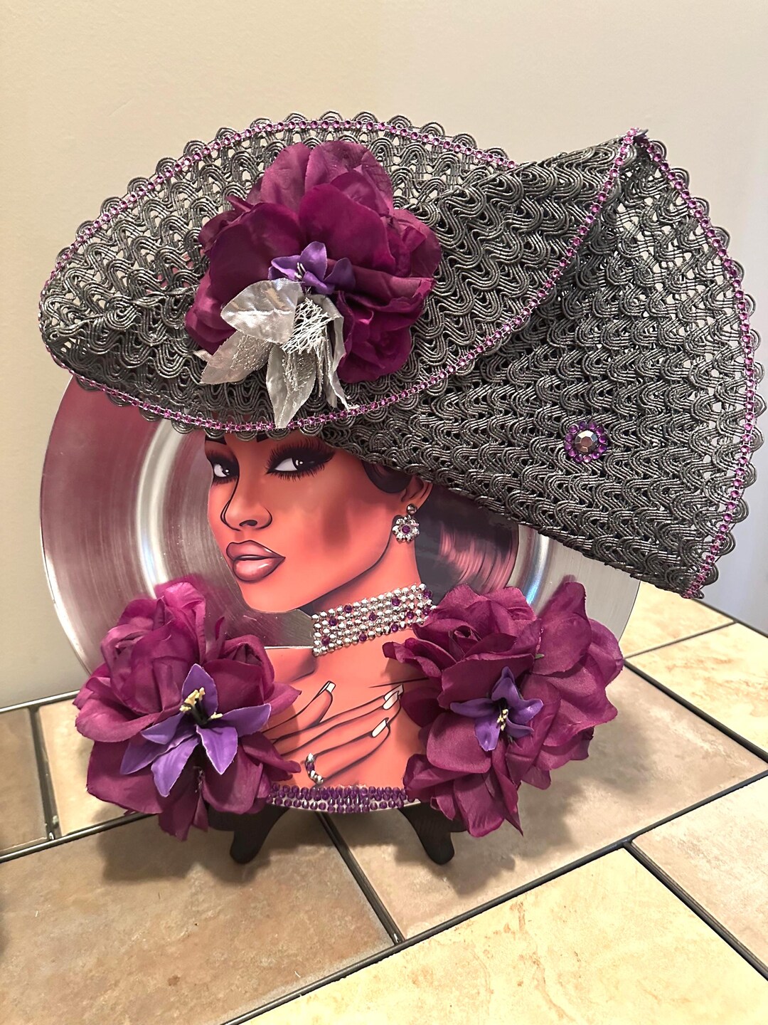Purple & Silver Hat Lady Diva Charger Plate. 13 Inch Diameter. Hand ...