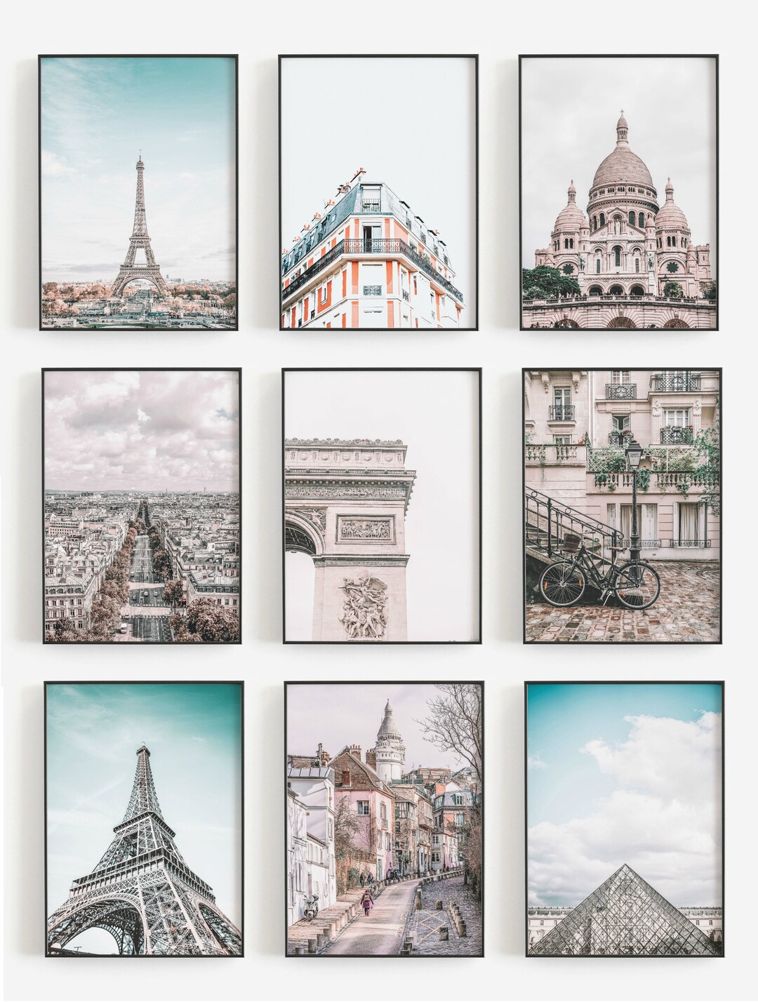 Paris Prints, Set of 9 Prints, Paris France Wall Art, Pastel Colors Art ...