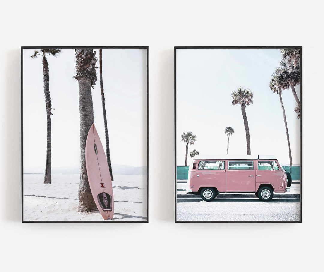 Surfer Wall Art, Surfer Van Print, Beach Wall Art, Pink Wall Art ...