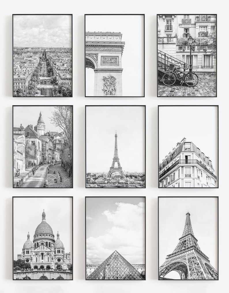 Paris Prints Set of 9 Prints Paris France Wall Art Black | Etsy