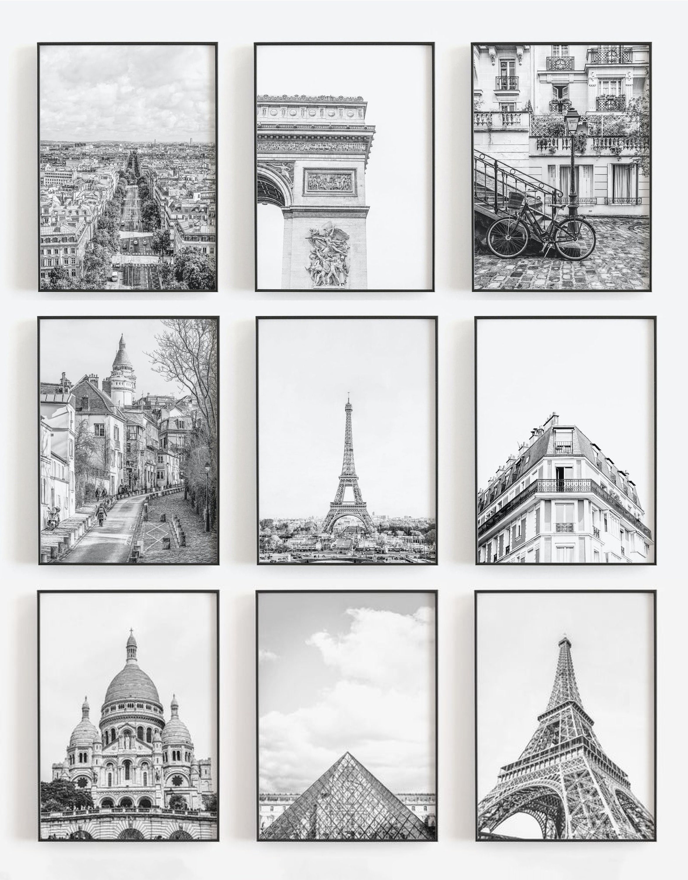Paris Prints Set of 9 Prints Paris France Wall Art Black | Etsy
