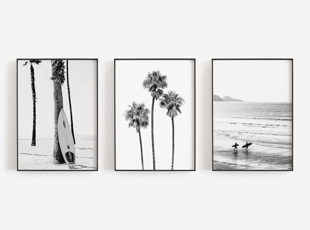 Surfer Prints, Set of 3 Prints, Black and White, Beach Wall Art ...