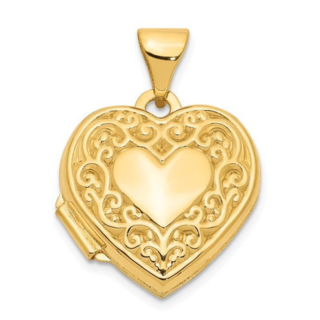 14K Yellow Gold Heart Shaped Engraved Scroll Picture Locket - Etsy