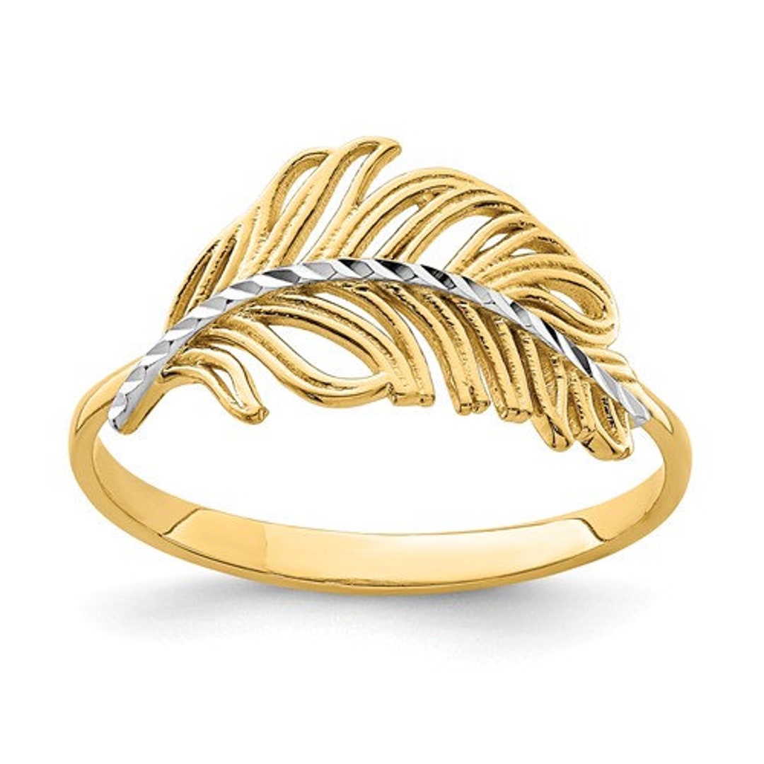 14K Two Tone Gold Feather Ring With Diamond Cut Accents - Etsy