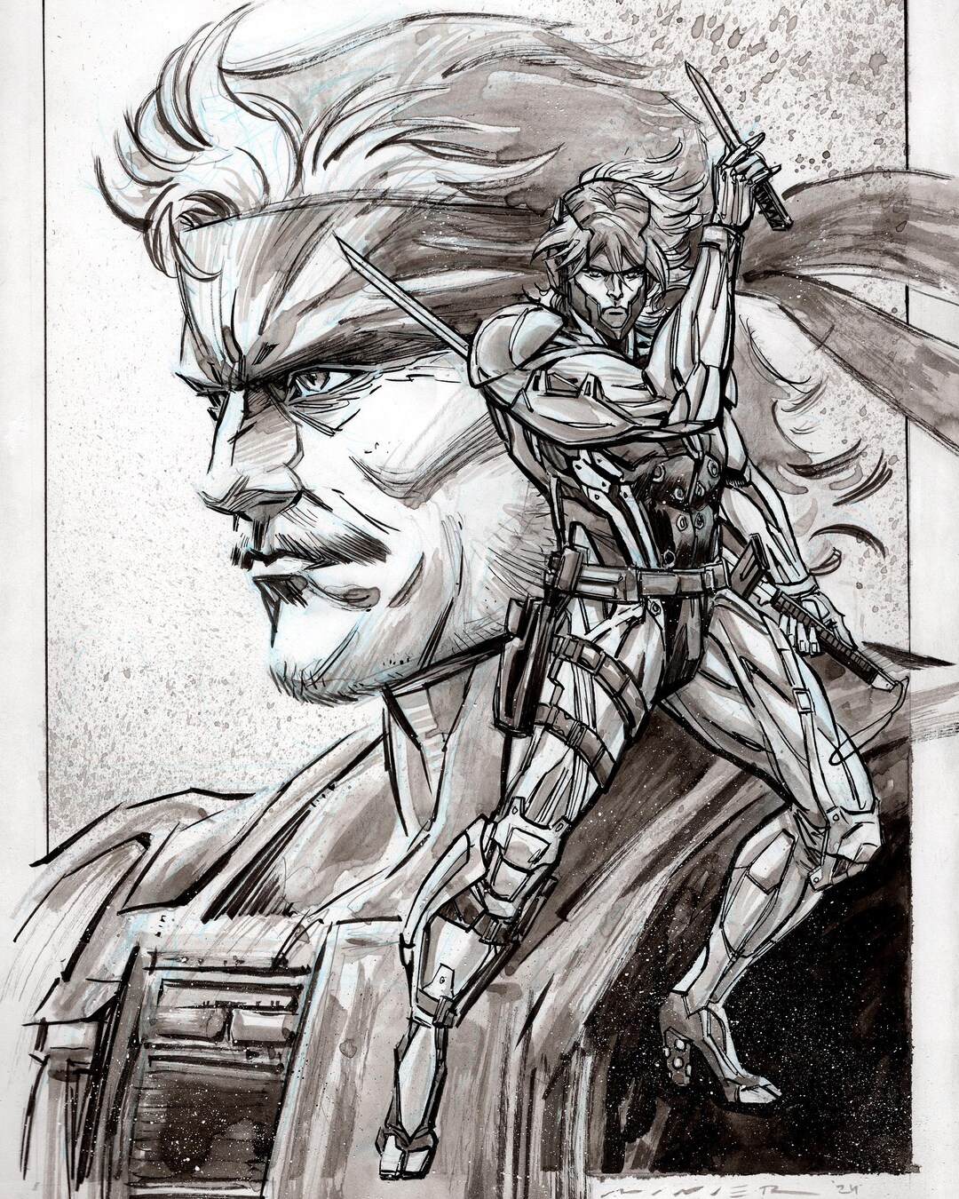 Old Snake and Raiden - Metal Gear Solid 4 Original Art Ink Drawing 9” X ...