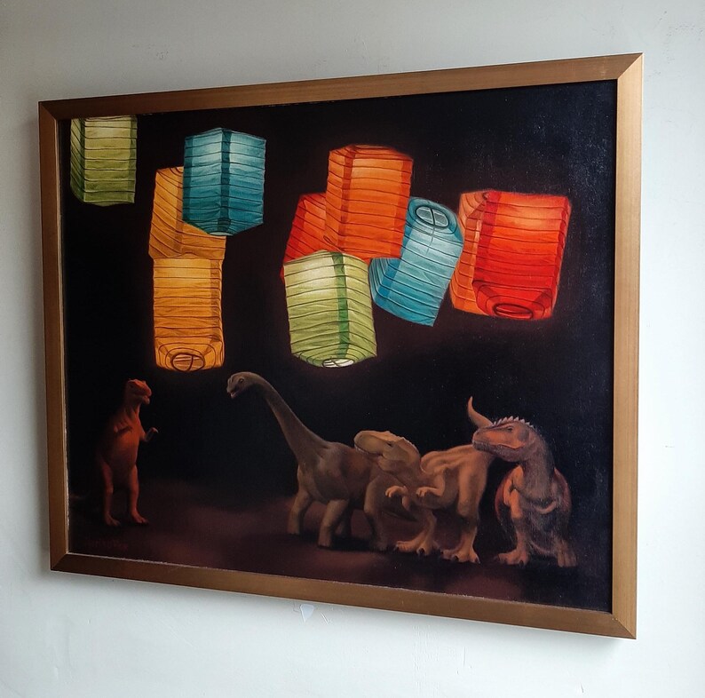 An Original Oil Painting of Cute Dinosaurs. Title "gathering" by Noriko ...
