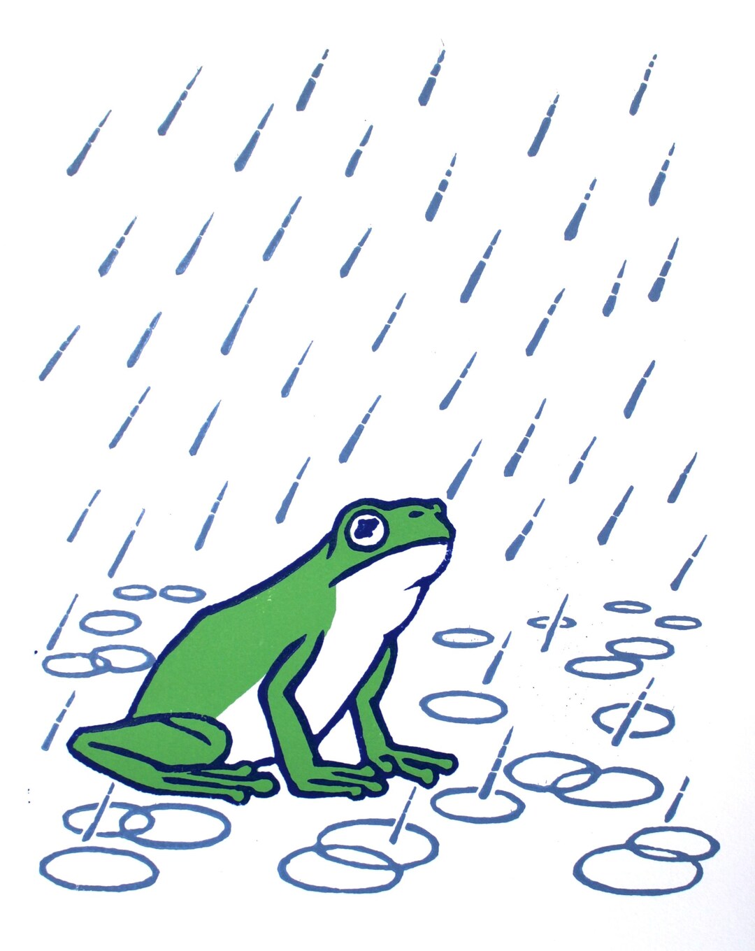 Hand Printed Linoleum Block Print of Frog in Rainy Day - Etsy