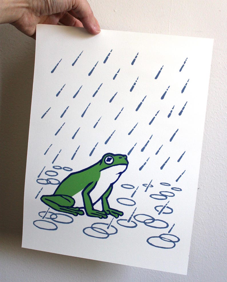 Hand Printed Linoleum Block Print of Frog in Rainy Day - Etsy