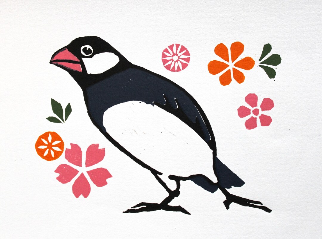 An Original Hand Printed Linocut Finch Bird With Flowers, Print Only - Etsy