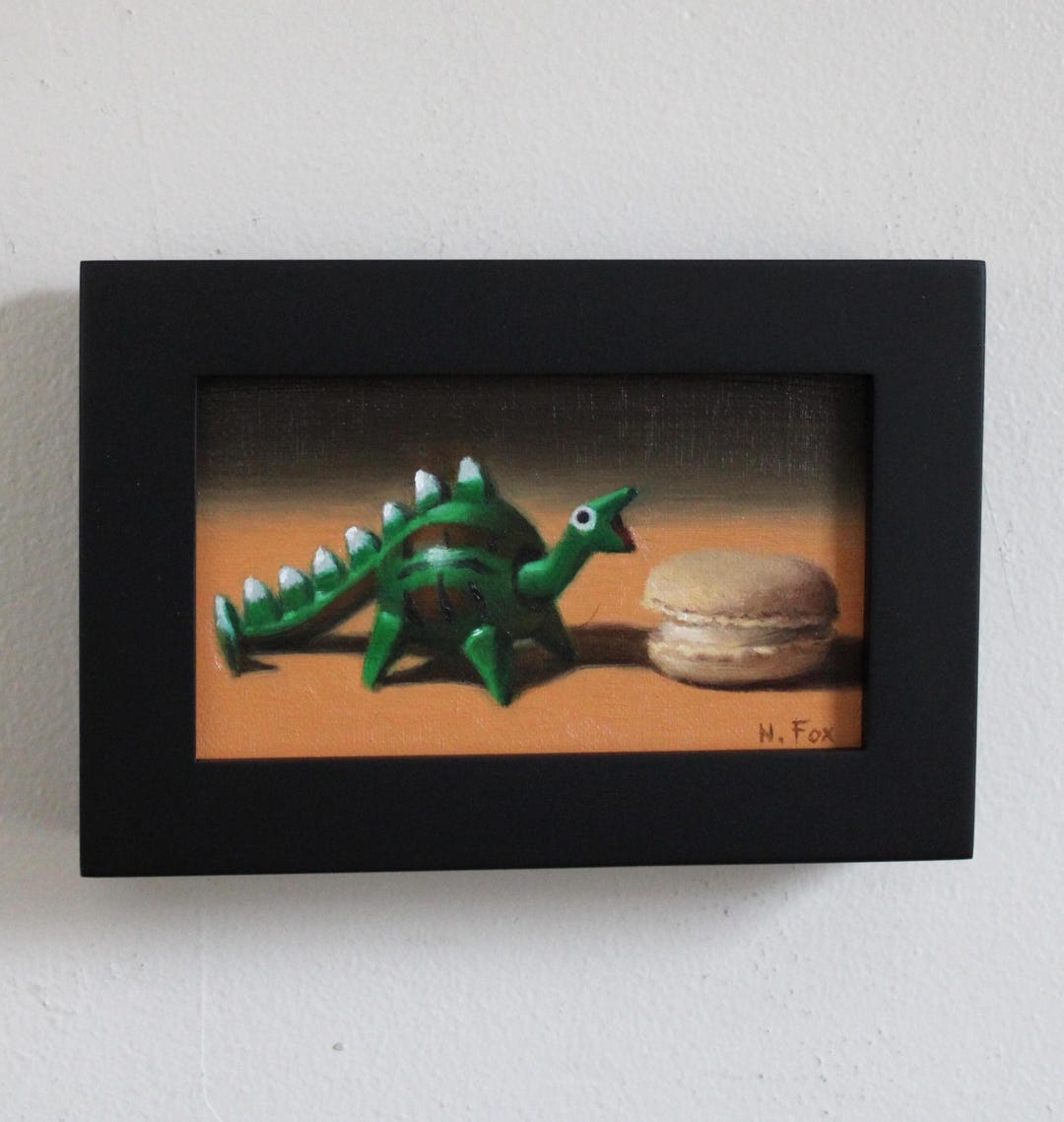 Original Mini Oil Painting of Toy Dinosaur With Macaron Cookie Framed ...