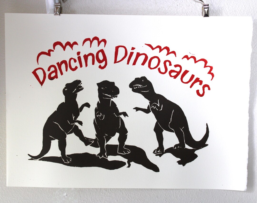 Original Linocut Print dancing Dinosaurs - Etsy
