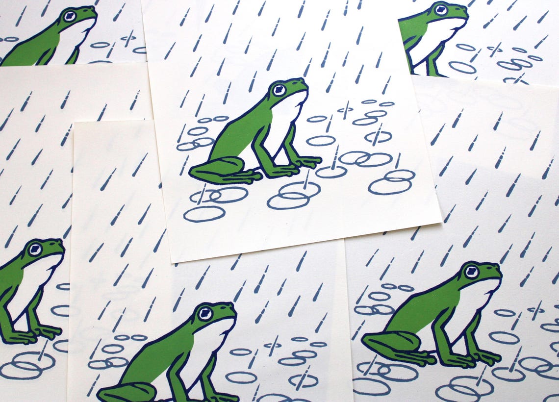 Hand Printed Linoleum Block Print of Frog in Rainy Day - Etsy