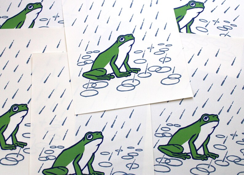 Hand Printed Linoleum Block Print of Frog in Rainy Day - Etsy