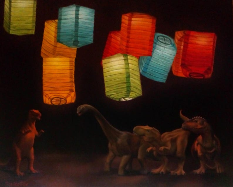 An Original Oil Painting of Cute Dinosaurs. Title "gathering" by Noriko ...