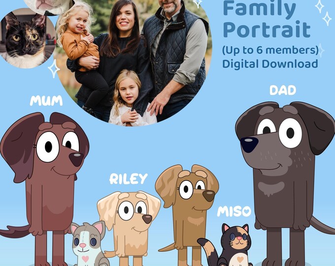 Custom Personalized Bluey Style Family Character Portrait | *up to 6 ...