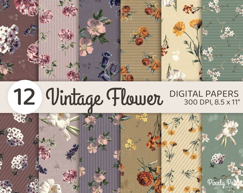 12 Vintage Floral Digital Paper Flower Backgrounds Botanical - Etsy