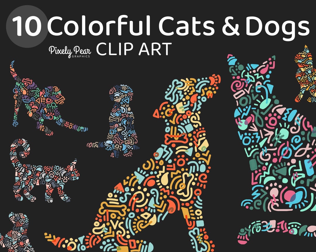 10 Colorful Cats & Dogs Clip Art Digital Download | Pets Clip Art ...