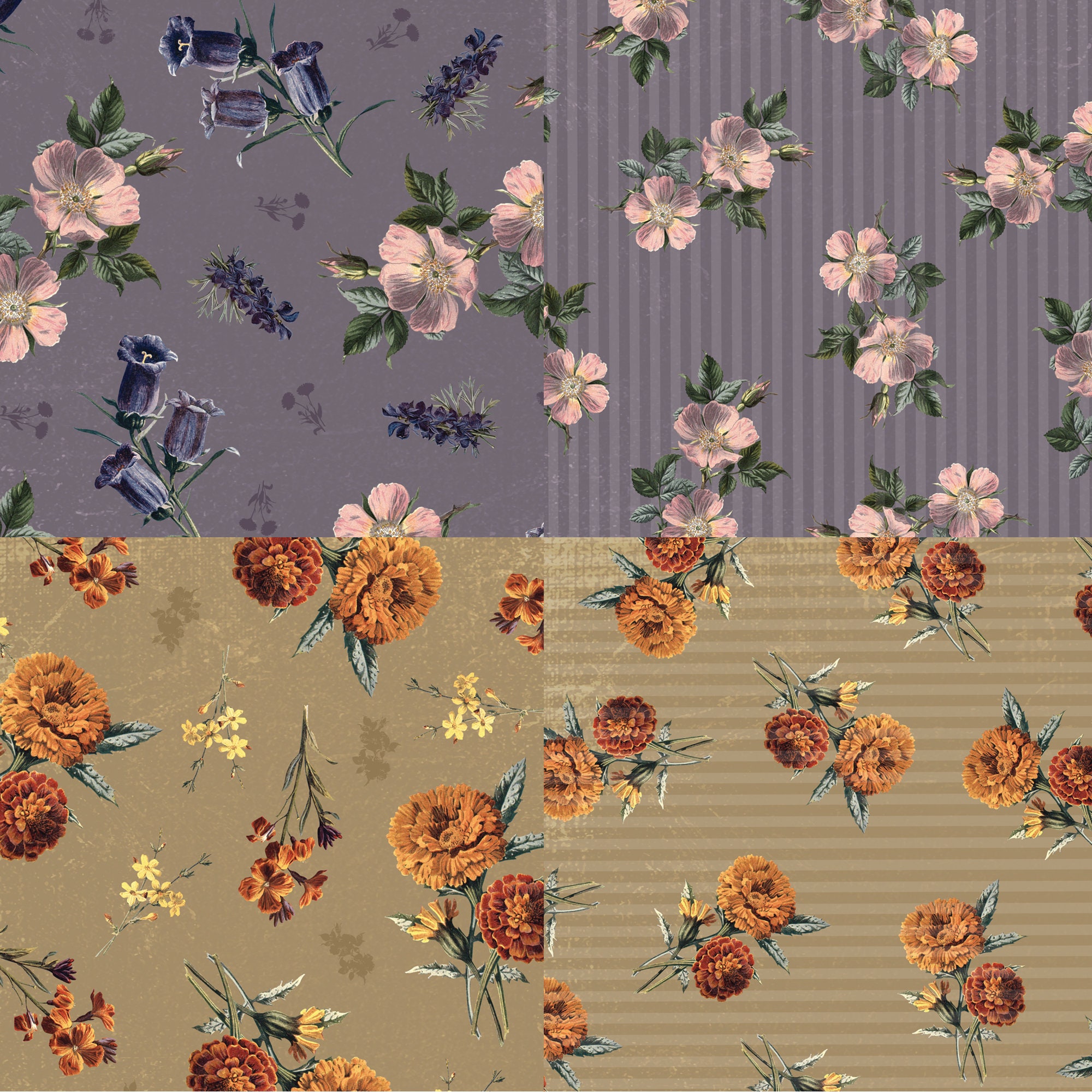 12 Vintage Floral Digital Paper, Flower Backgrounds, Botanical Patterns ...