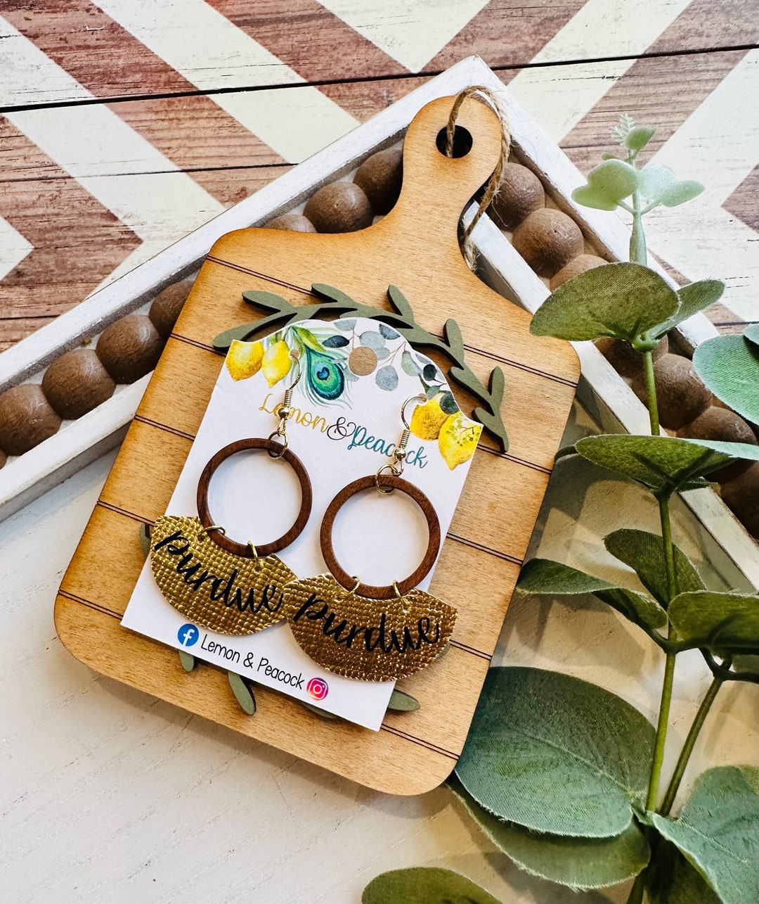 Purdue Wood Circle and Gold Dangle Earrings - Etsy