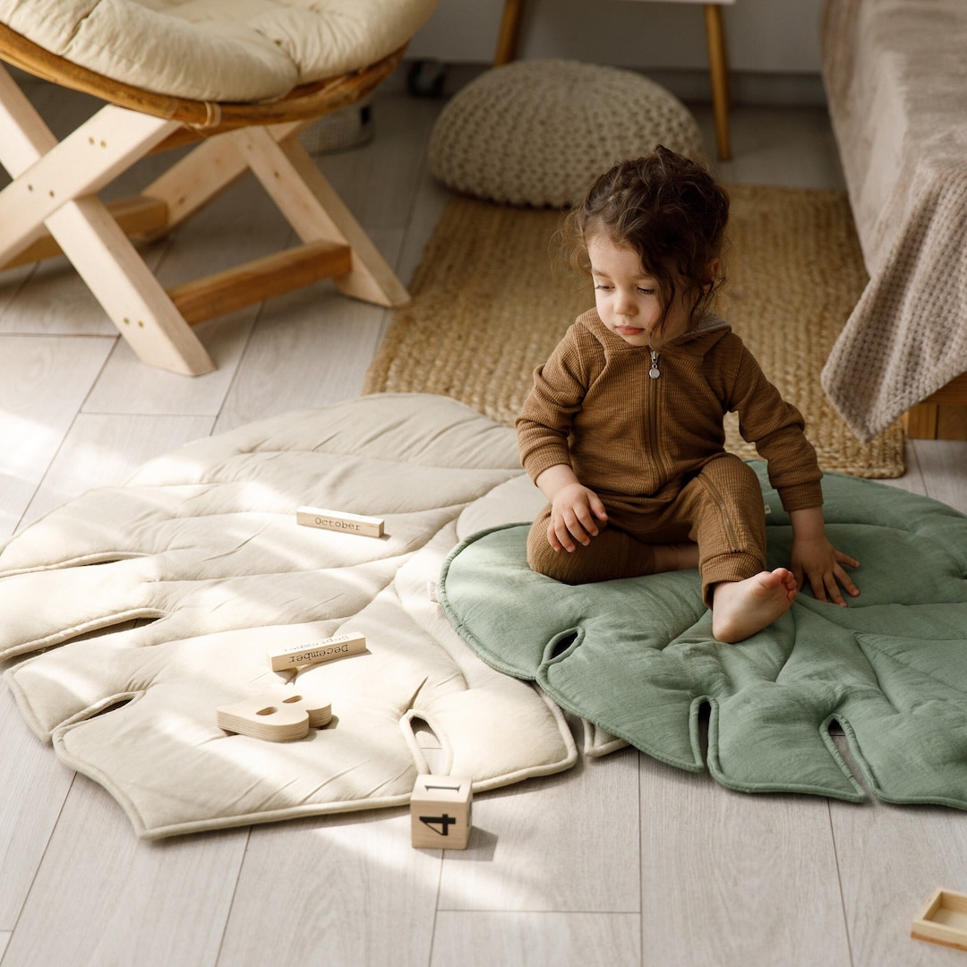 Linen Play Mat Leaf • Organic Baby Padded Monstera Rug • Oeko-tex ...