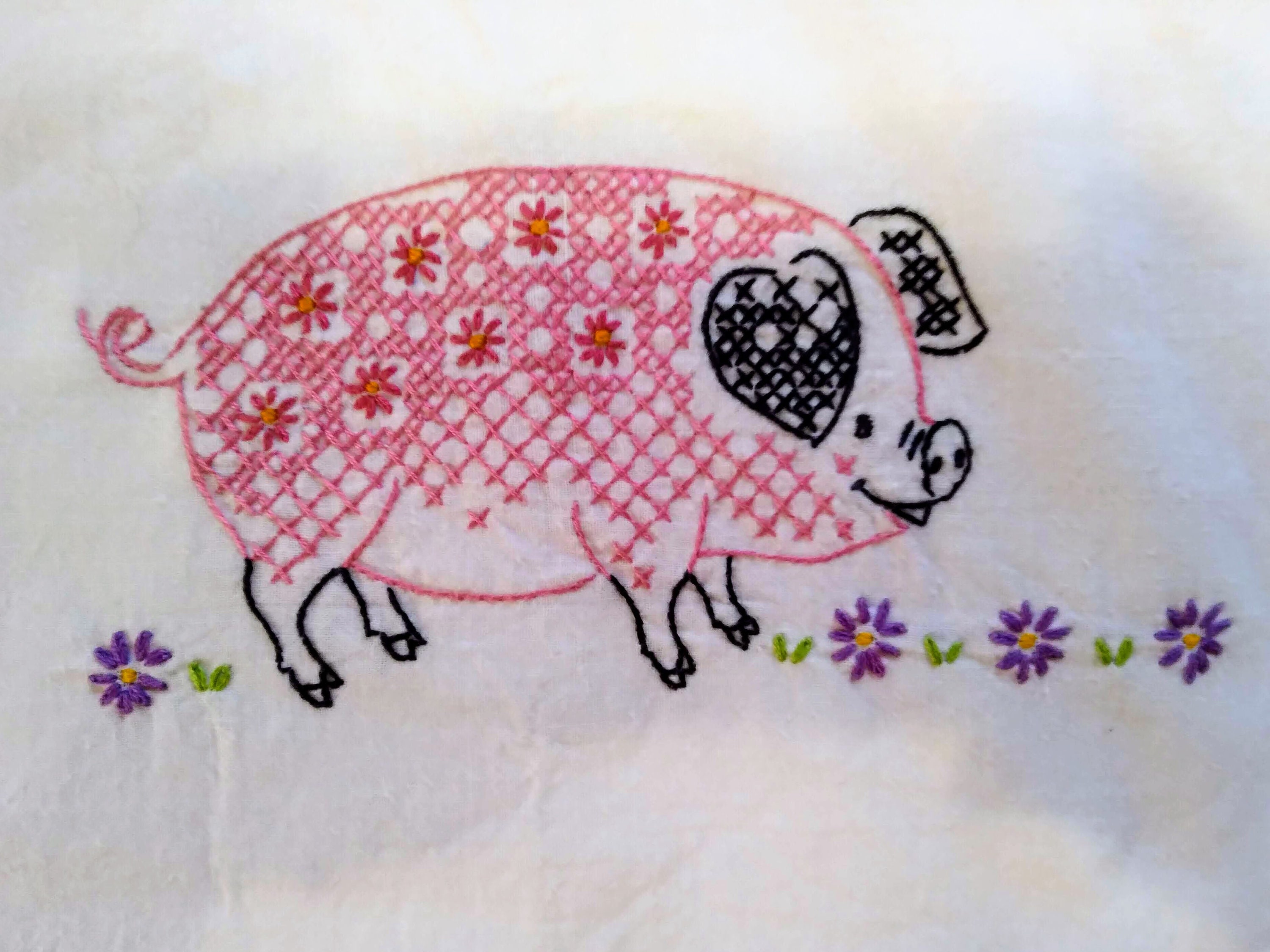 Vintage Plump Pink Pigs Prancing Through Purple Flowers on an Oversized ...